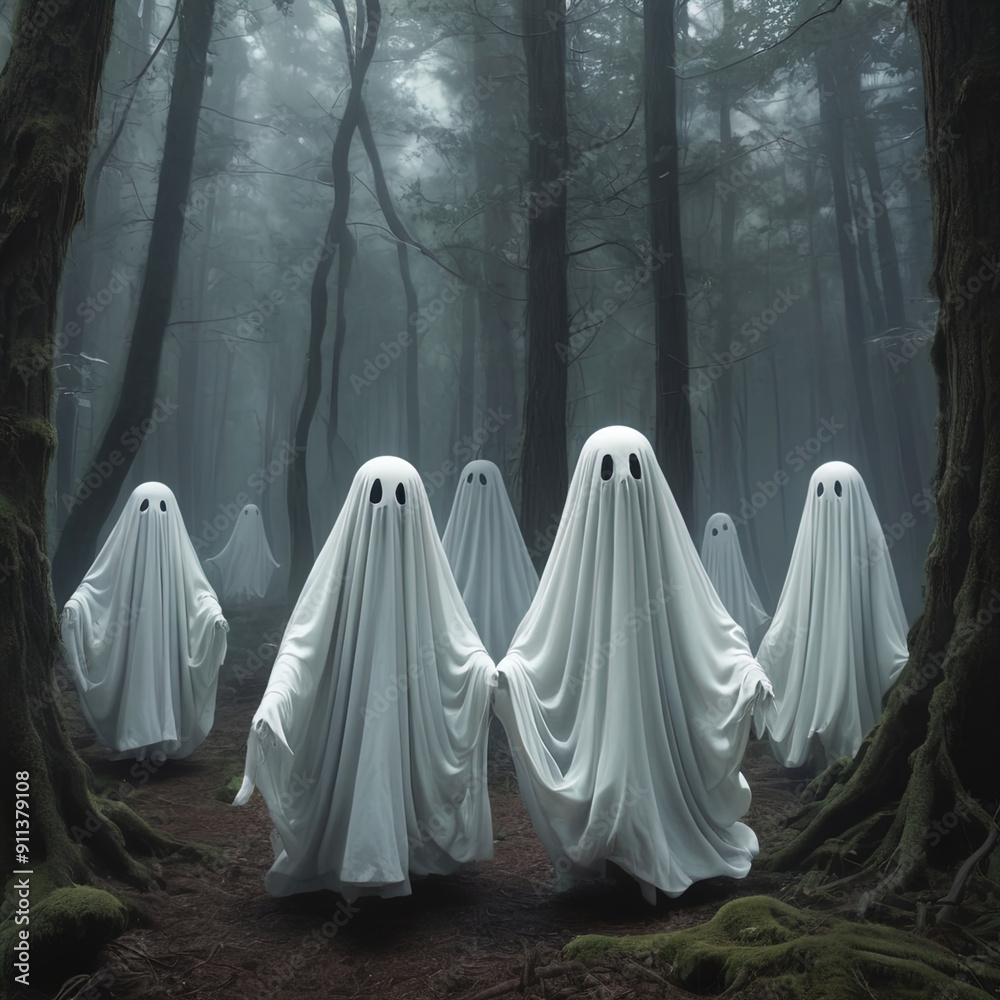 Ghosts moving through haunting forest, spectral figures in eerie ...
