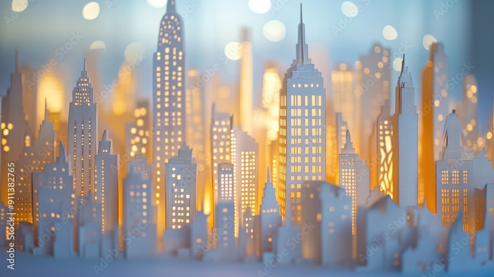 Delicate paper art depicting a detailed city skyline at night, with ...
