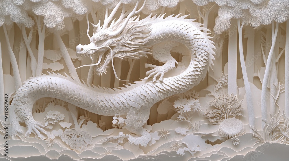 Detailed paper carving of a mythical dragon winding through a forest ...