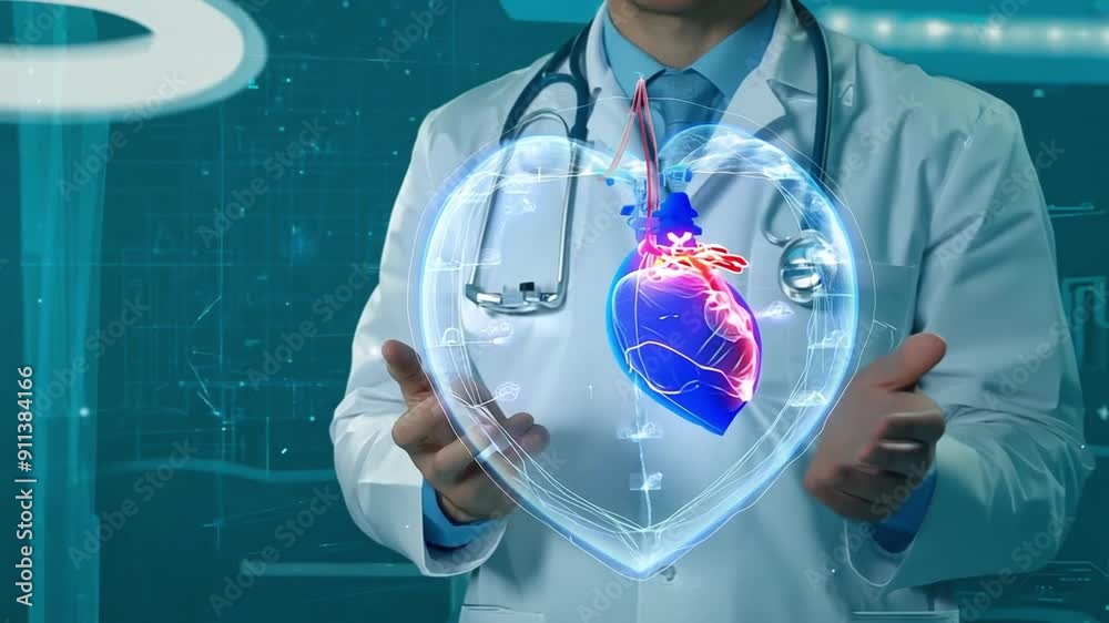 Doctor Presenting Holographic Heart Model, Advanced Medical Technology ...