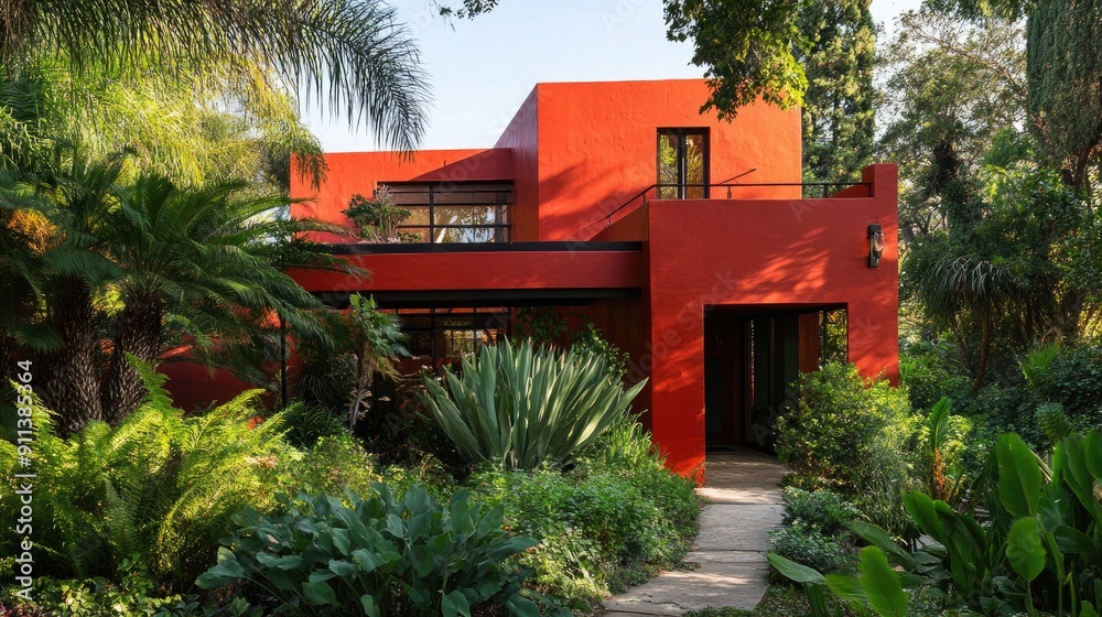 A bold, red-painted house standing out against a backdrop of greenery ...