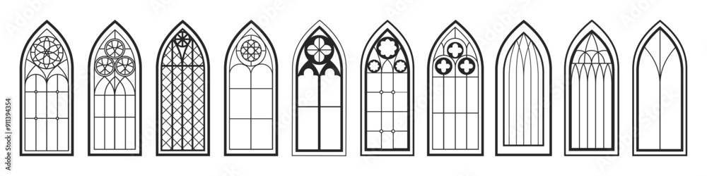 Vintage medieval gothic window frames with mosaic. Vector isolated set ...