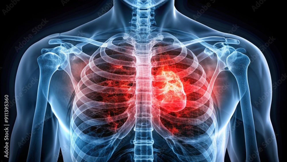 X-ray image of chest cavity showing inflamed lungs with white patches ...