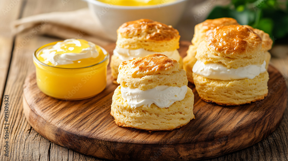 Golden-brown scones with lemon curd and clotted cream on a wooden board ...