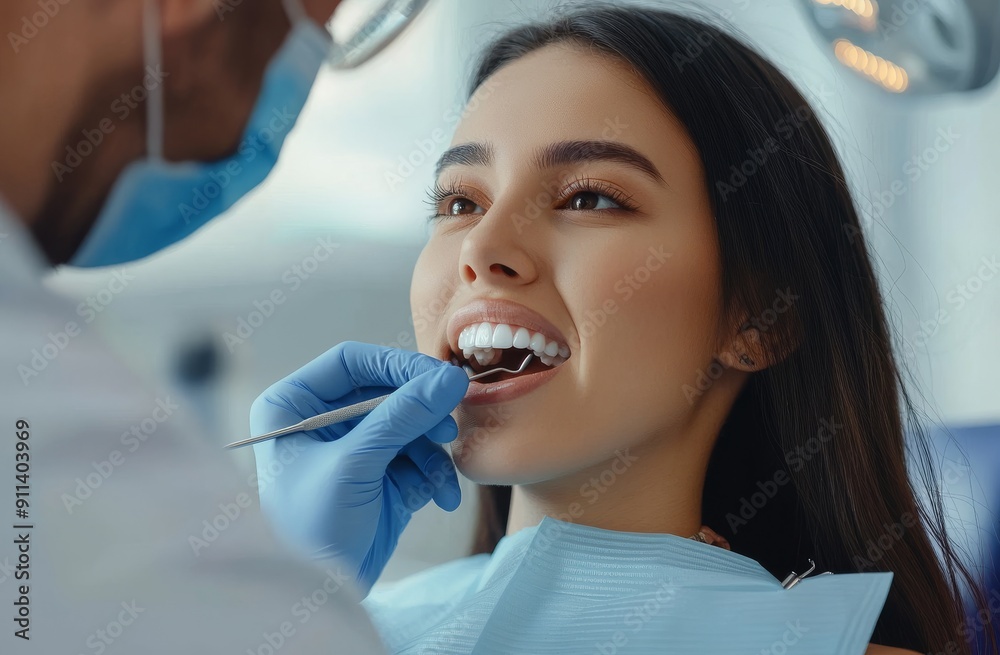Dentist doctor checks a patient's mouth and teeth during a treatment ...