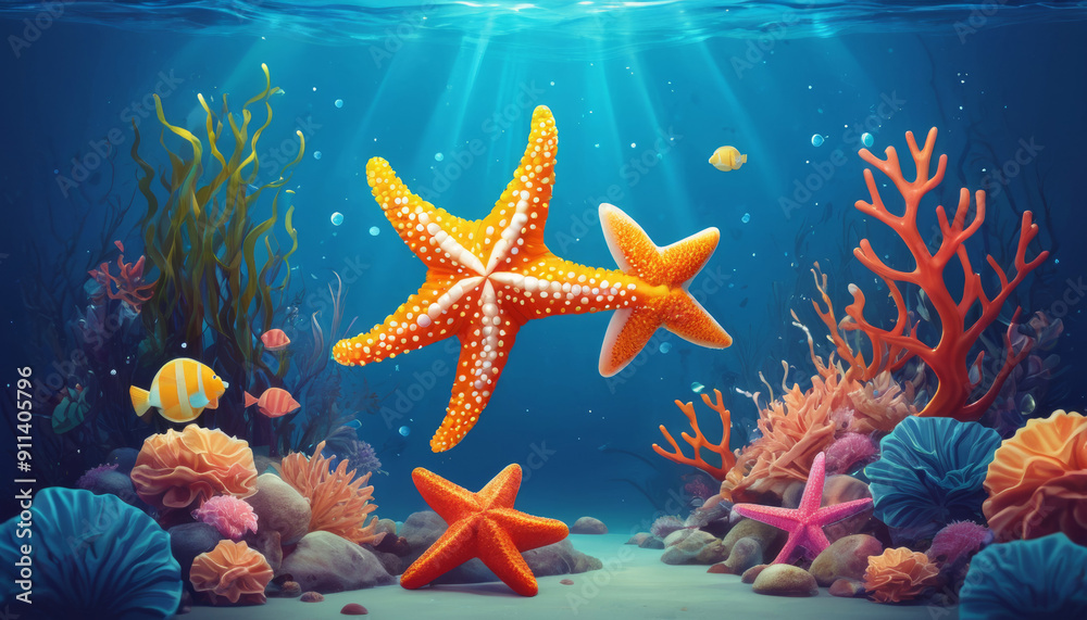 Starfish under water at the coral reef with exotic fishes. Underwater ...