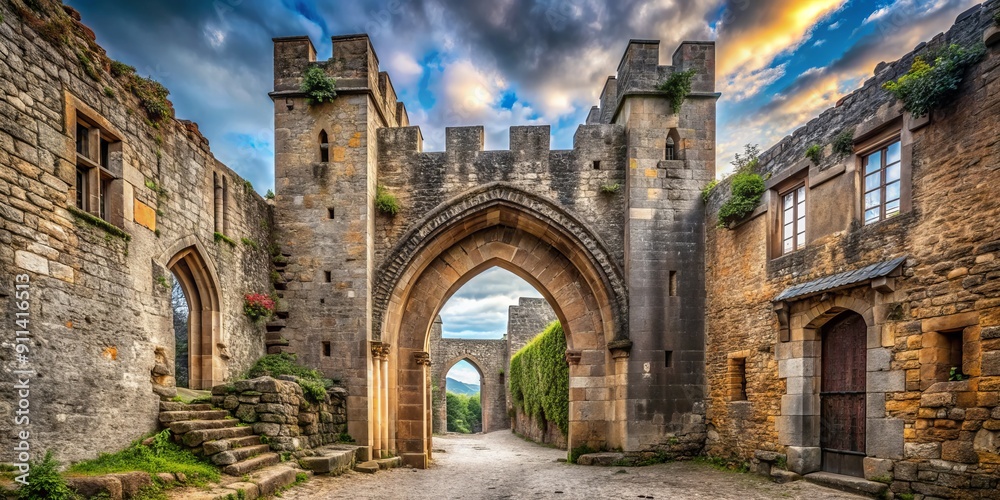 Photo Rugged stone gates, crumbling walls, and Gothic windows adorn a ...