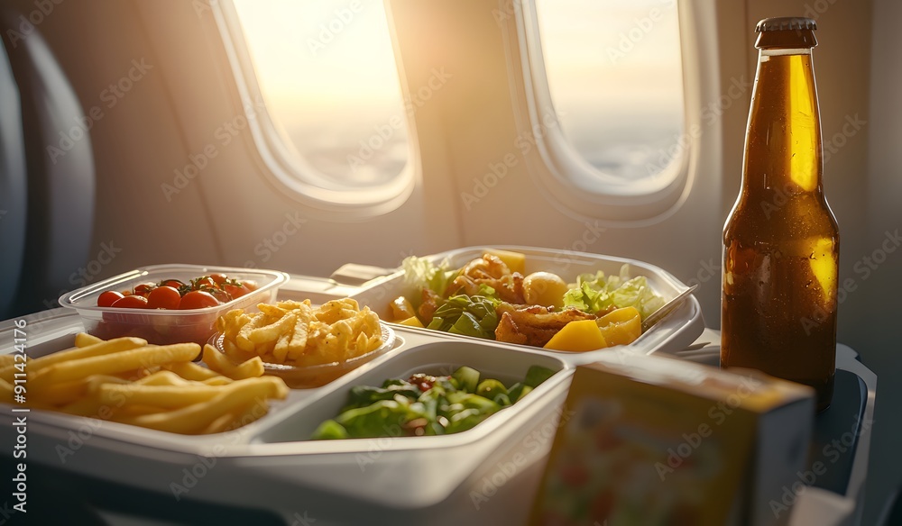 Product photography of an airplane food tray with delicious dishes ...