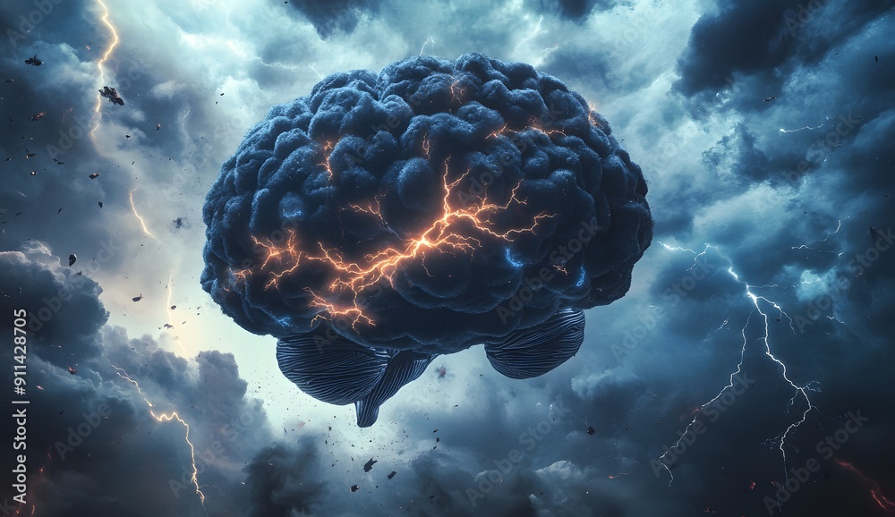 a huge dark cloud in the shape of an human brain floating through ...