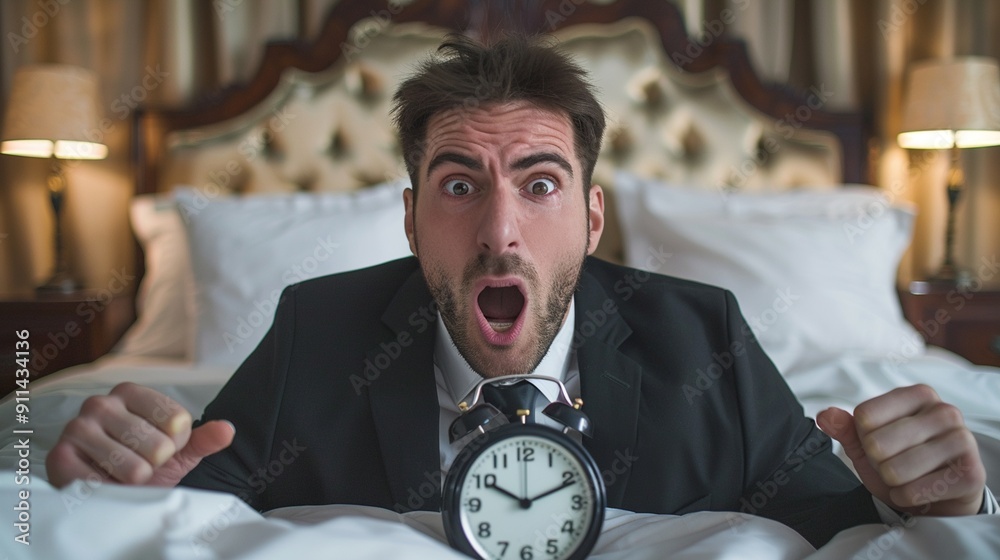 Businessman in bed reacts with shock to alarm clock, expressing panic ...