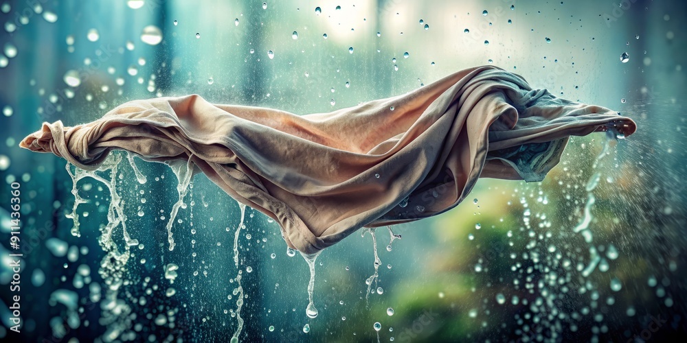A crumpled, dripping wet cloth is twisted and tightly wrung out, water ...