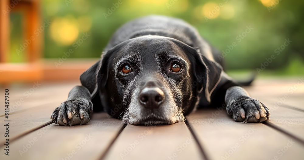 An old black Labrador dog lying on the wooden terrace, looking at the ...