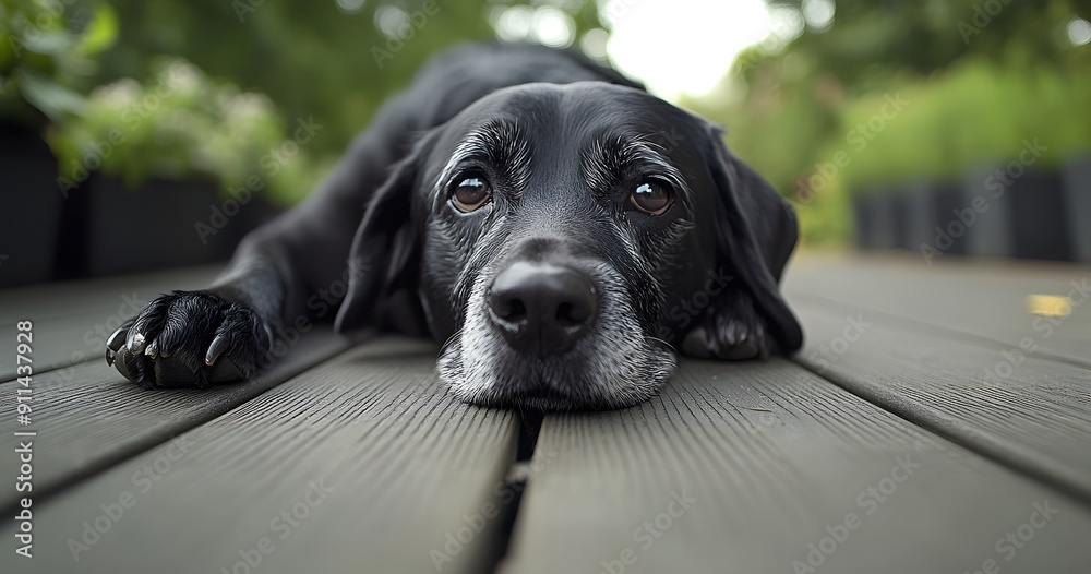 An old black Labrador dog lying on the wooden terrace, looking at the ...
