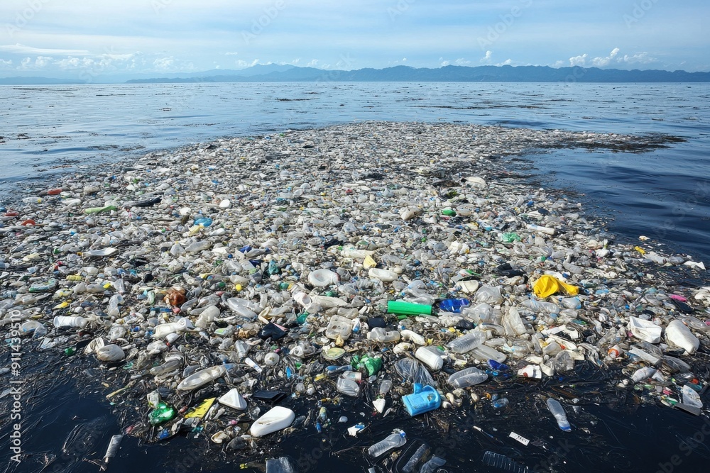A significant volume of plastic debris floating in the vast ocean. The ...