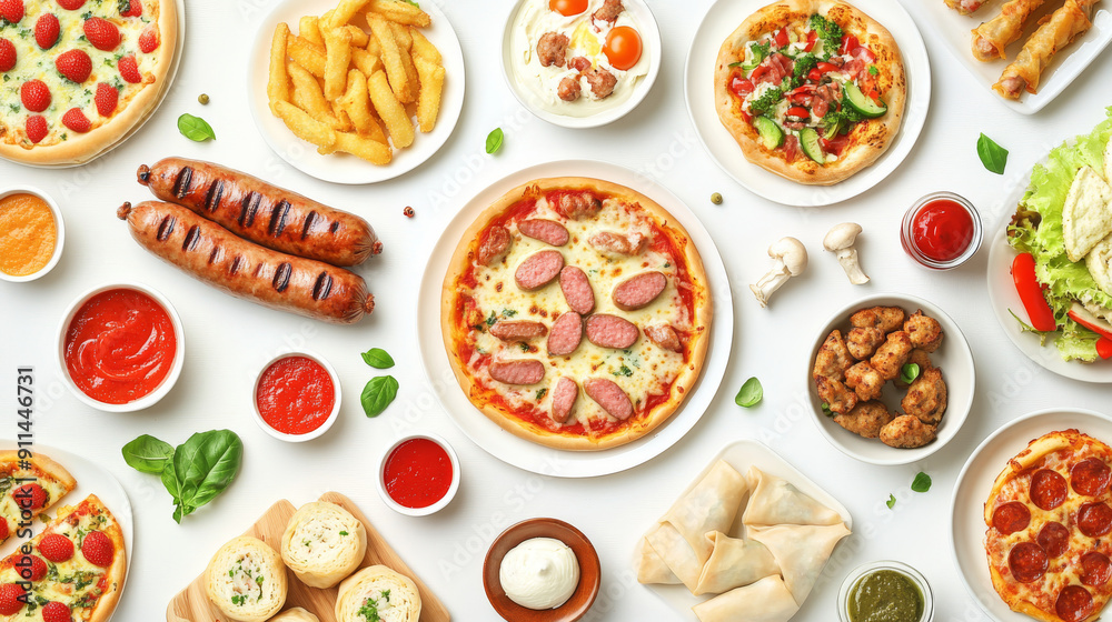 A variety of delicious foods, top view food plates collection. Grilled ...