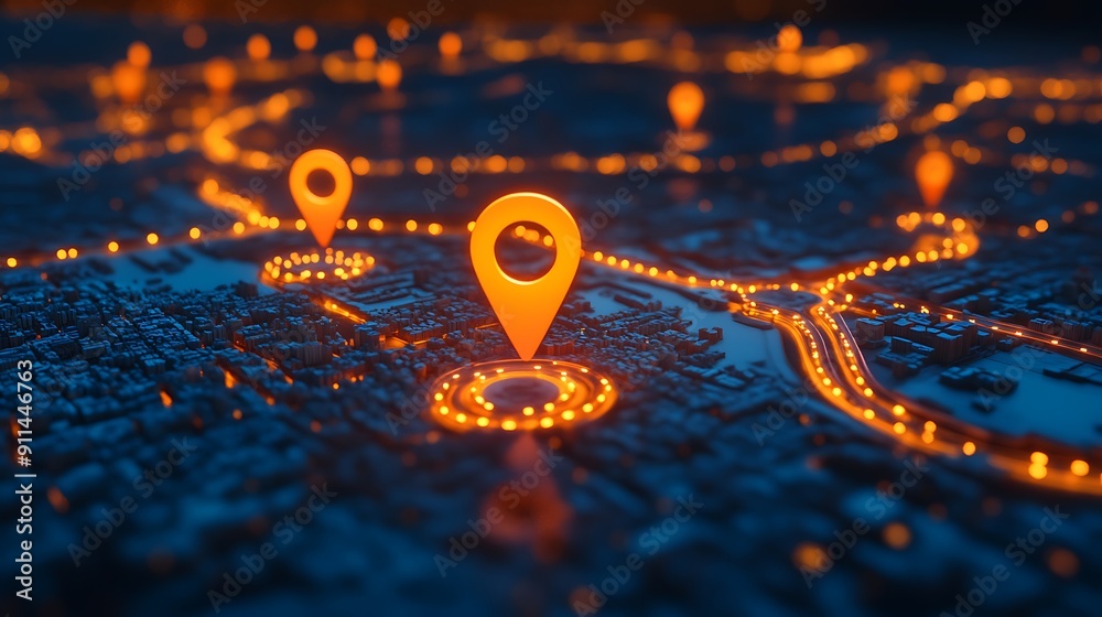 Illuminated Map with Location Pin Highlighting Key Spots: Navigating ...