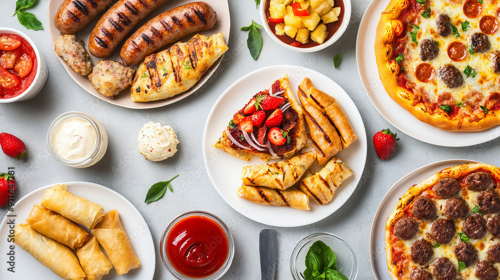 A variety of delicious foods, top view food plates collection. Grilled ...