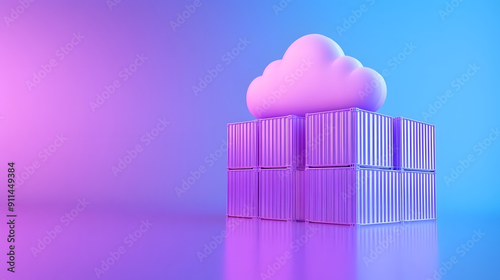 3D illustration of a cloud icon over shipping containers on a pink and blue gradient background ...