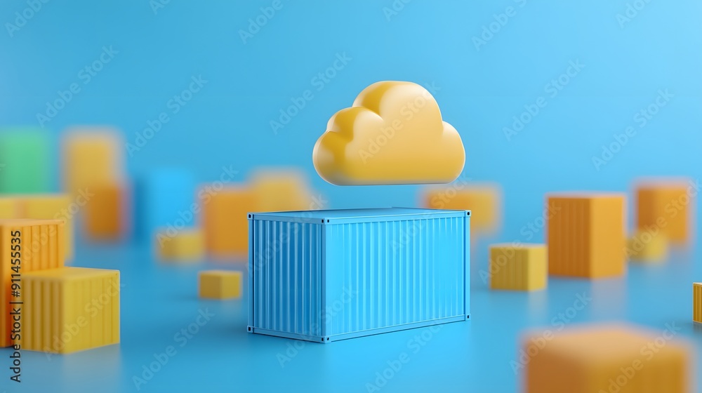 3D illustration of cloud computing with a blue shipping container and ...