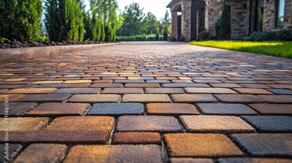 Brick block paving on a driveway, showcasing the durability and visual ...