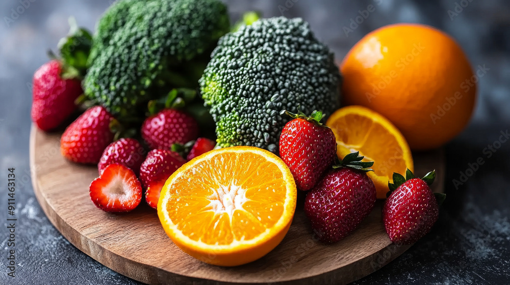 Colorful fruits and vegetables like broccoli, strawberries, and oranges ...