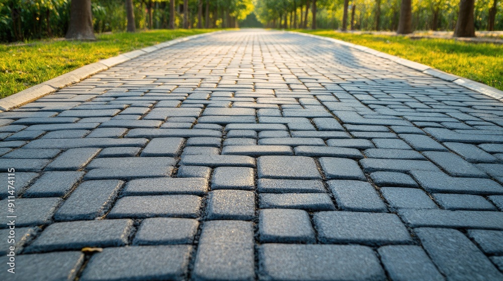 Poster Paved road with concrete brick blocks, highlighting the ...