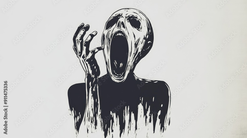 Linocut style ghost face from Scream, full body, haunting figure, white ...