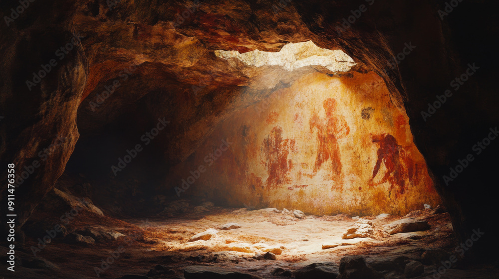 Depict ancient cave paintings or carvings, highlighting the historical ...