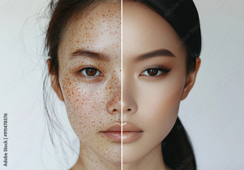 Before and After of Beauty Asian woman. A split-face portrait of a ...