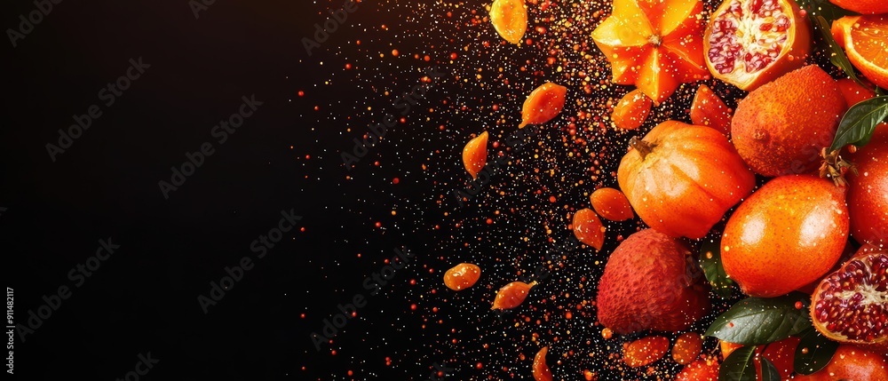 Strange bomb explosion of unique fruits, dynamically spread across an ...