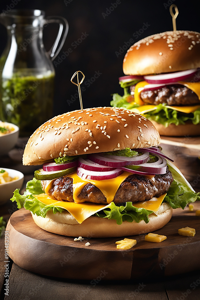 A delicious triple meat burger with yellow cheese accompanied on the ...