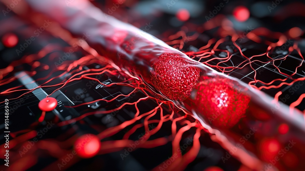 Detailed close-up of a blood vessel with red blood cells, illustrating ...