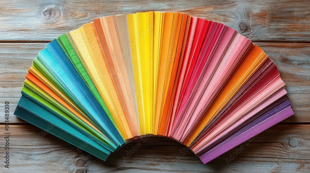 Color palette guide with swatches on table, fan-shaped color chart for ...