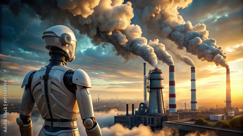 Futuristic robot observing industrial factory with smoke stacks and ...