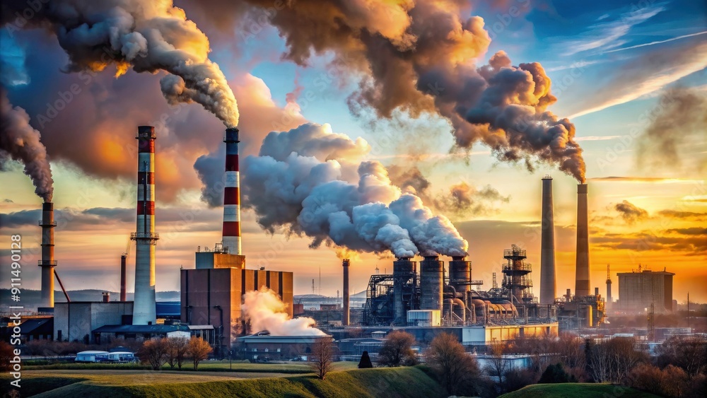 Industrial factory emitting smoke from stacks in a polluted environment ...