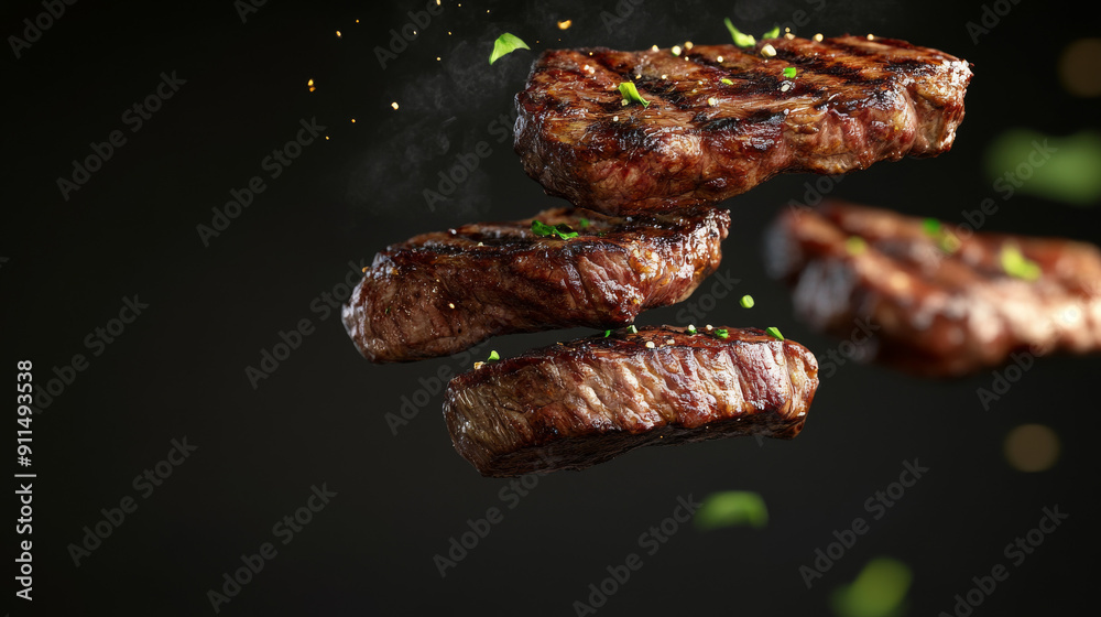 Grilled beef steaks, realistic 3d brisket flying in the air, grilled ...