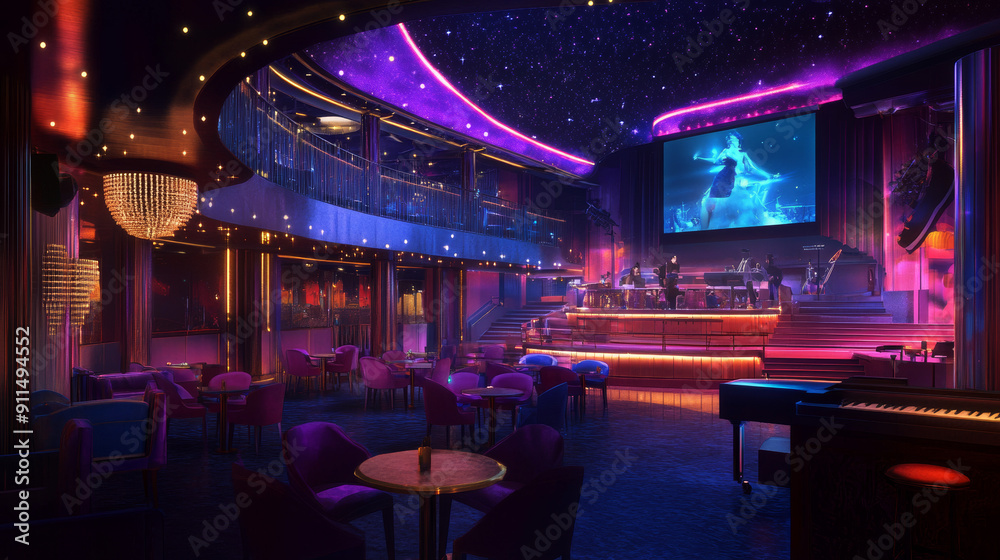 Depict the vibrant nightlife on board, with scenes of a lively ...