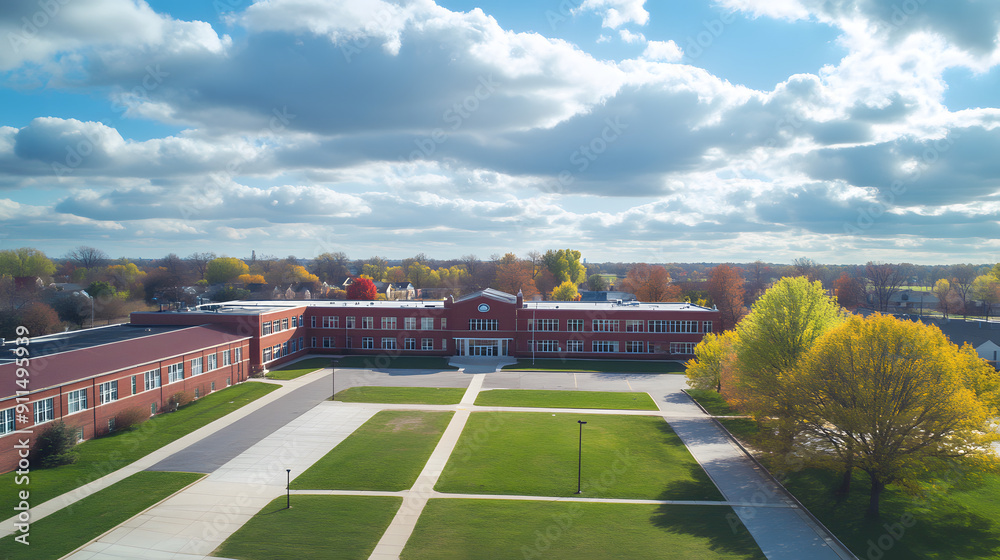 aerial backwards shot closed doe run elementary school in america ...