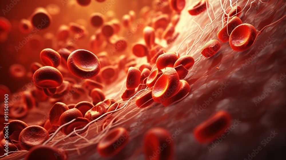 A cross-sectional view of a blood vessel with blood cells flowing ...