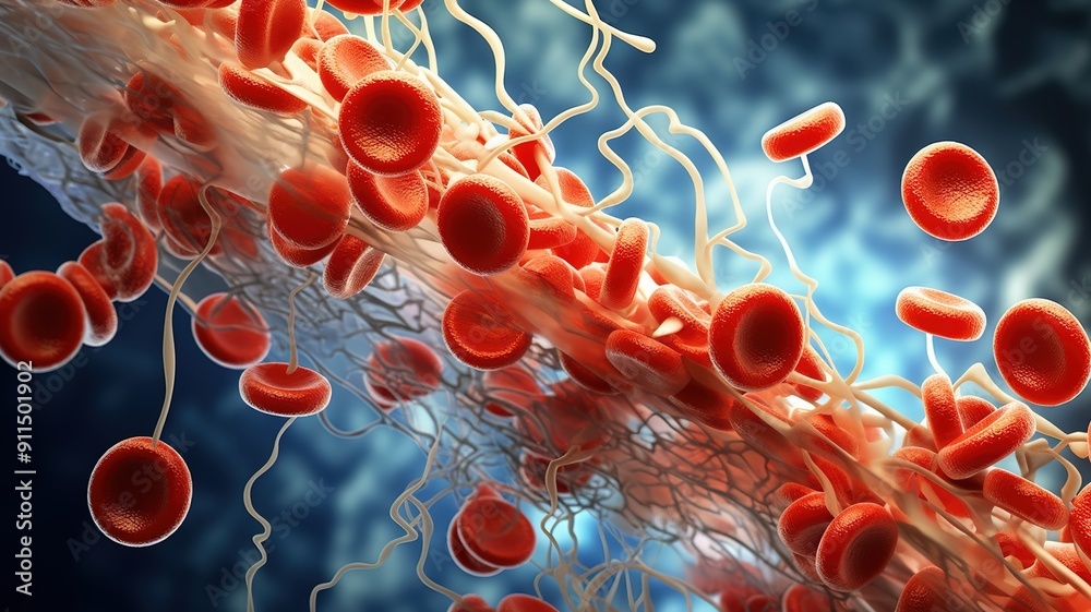 A cross-sectional view of a blood vessel with blood cells flowing ...