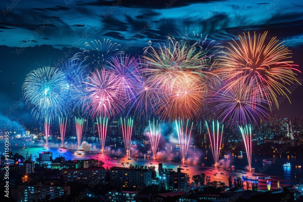 A fireworks display is lit up in the night sky, with a large number of ...