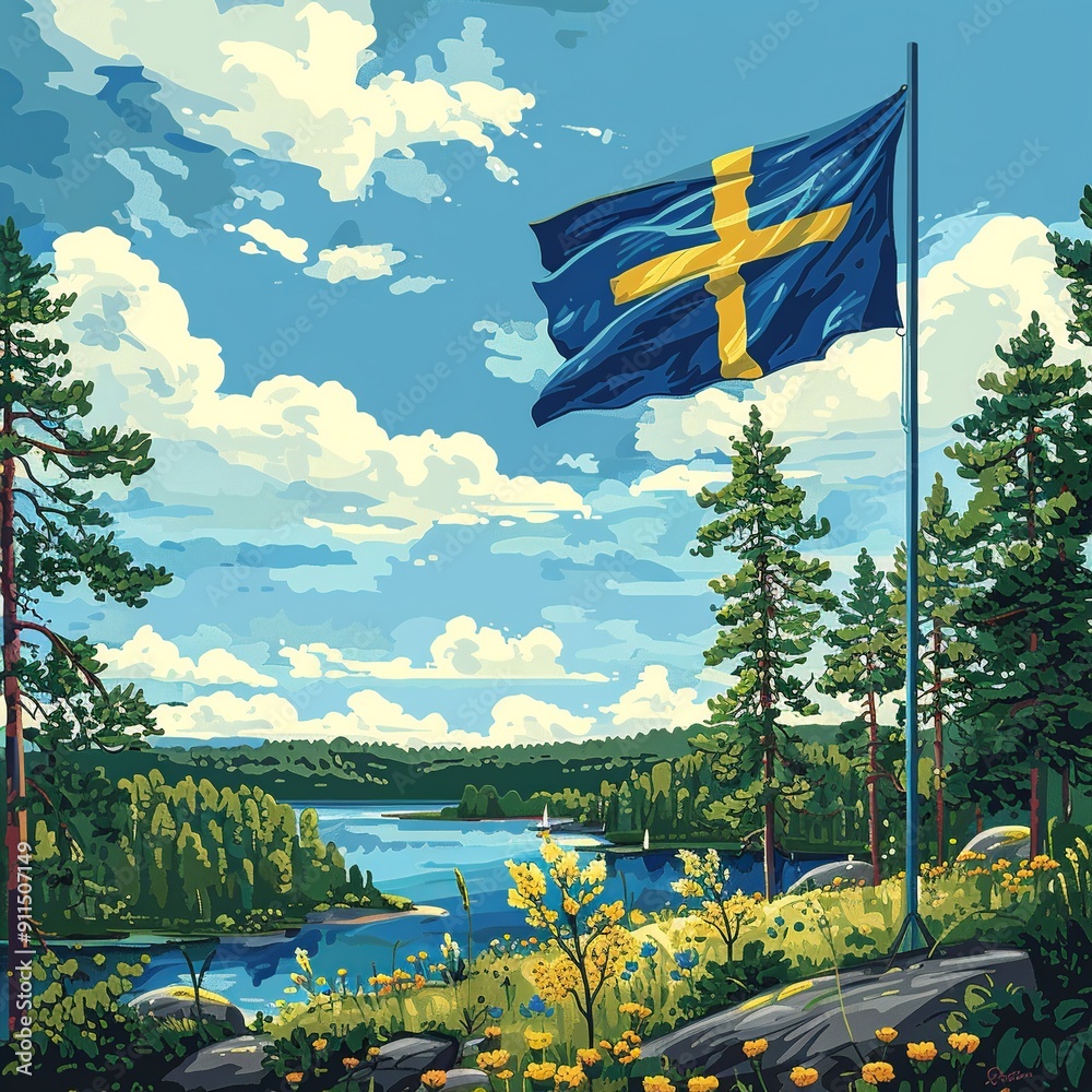 This modern, minimalist design of the Swedish flag features clean lines ...