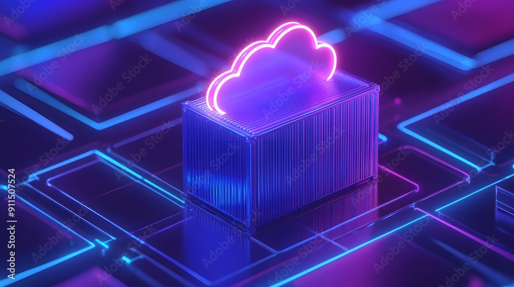 Futuristic neon glowing cloud symbol on a digital grid. Concept of ...