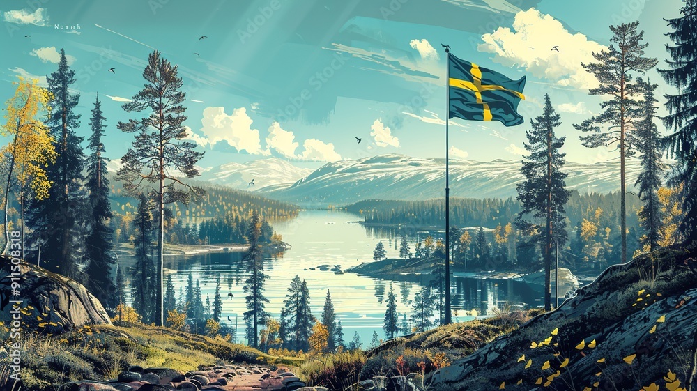 This modern, minimalist design of the Swedish flag features clean lines ...