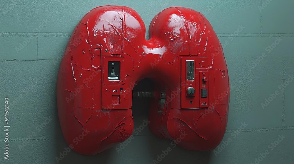 Artificial organs painted red hanging on a wall in a room with blue ...