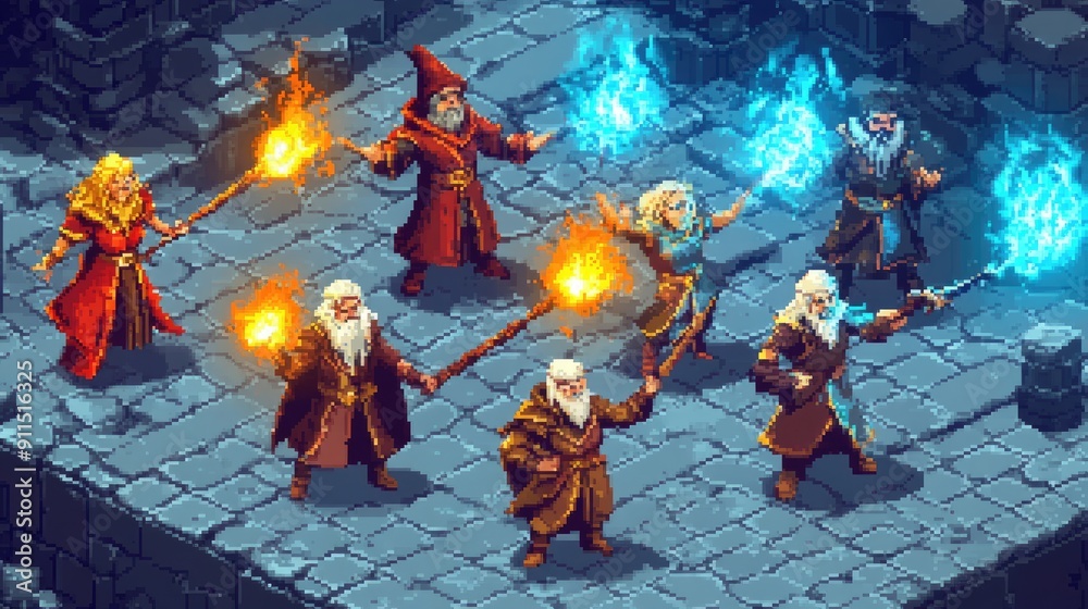 32x32 pixel art wizards casting spells in various poses for a top-down fantasy dungeon game ...