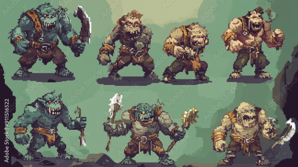 32x32 pixel art trolls in various attacking and idle poses for a top ...
