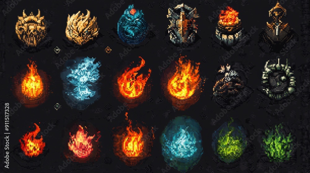 Top-down sprite sheet of 32x32 pixel art elementals (fire, water, earth ...