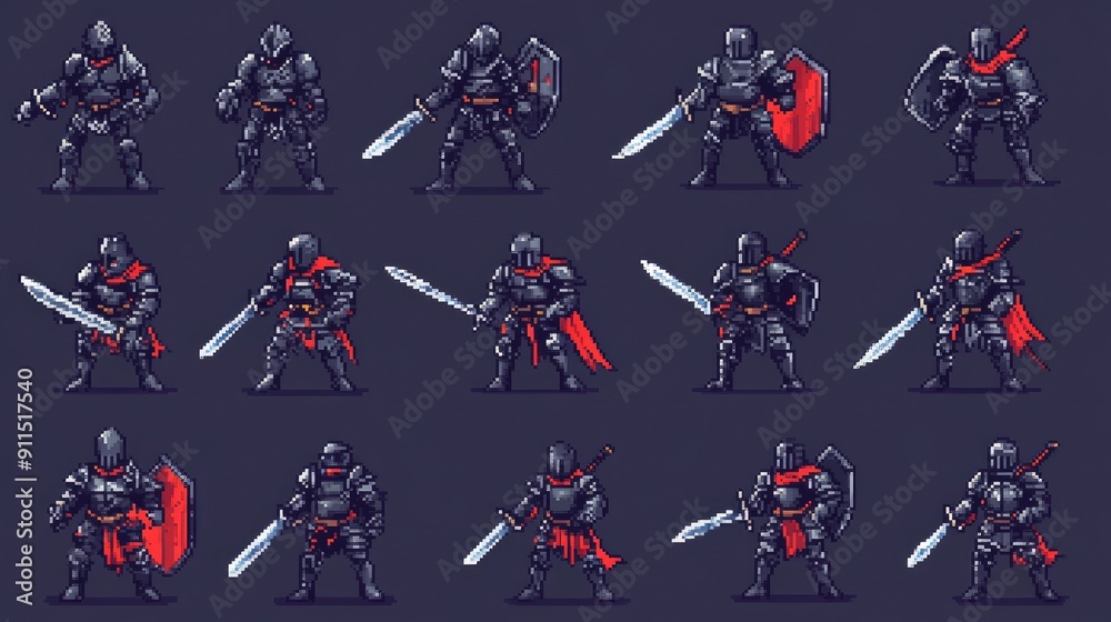 Sprite sheet of 32x32 pixel art dark knights with swords and shields in ...