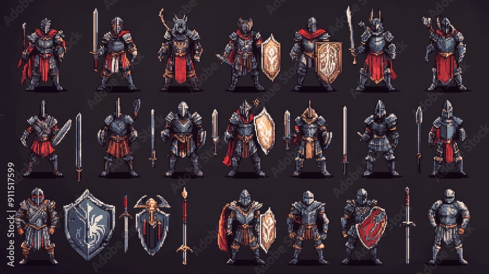 Sprite sheet of 32x32 pixel art dark knights with swords and shields in ...